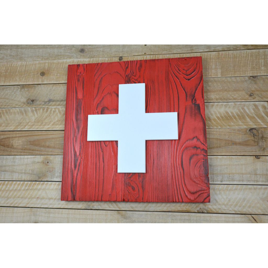 Swiss Flag: Traditional Woodcraft, Deeply Burned Design